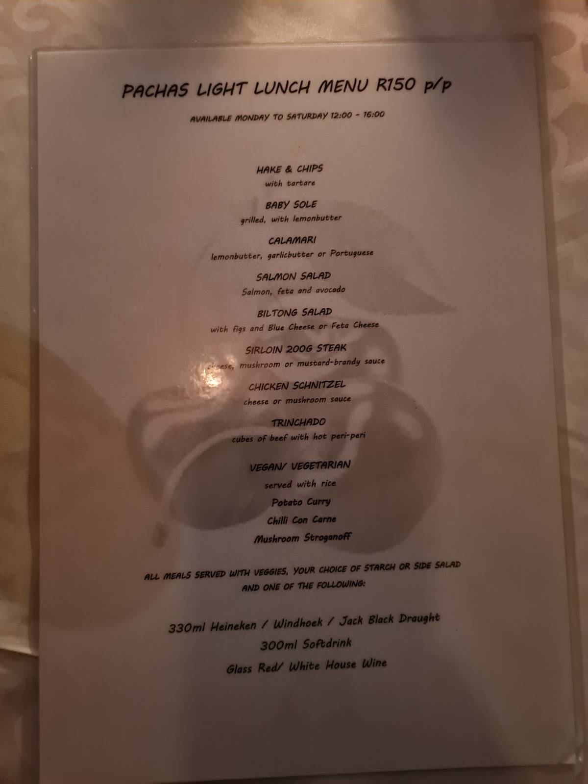 Menu at Pachas Restaurant, Pretoria