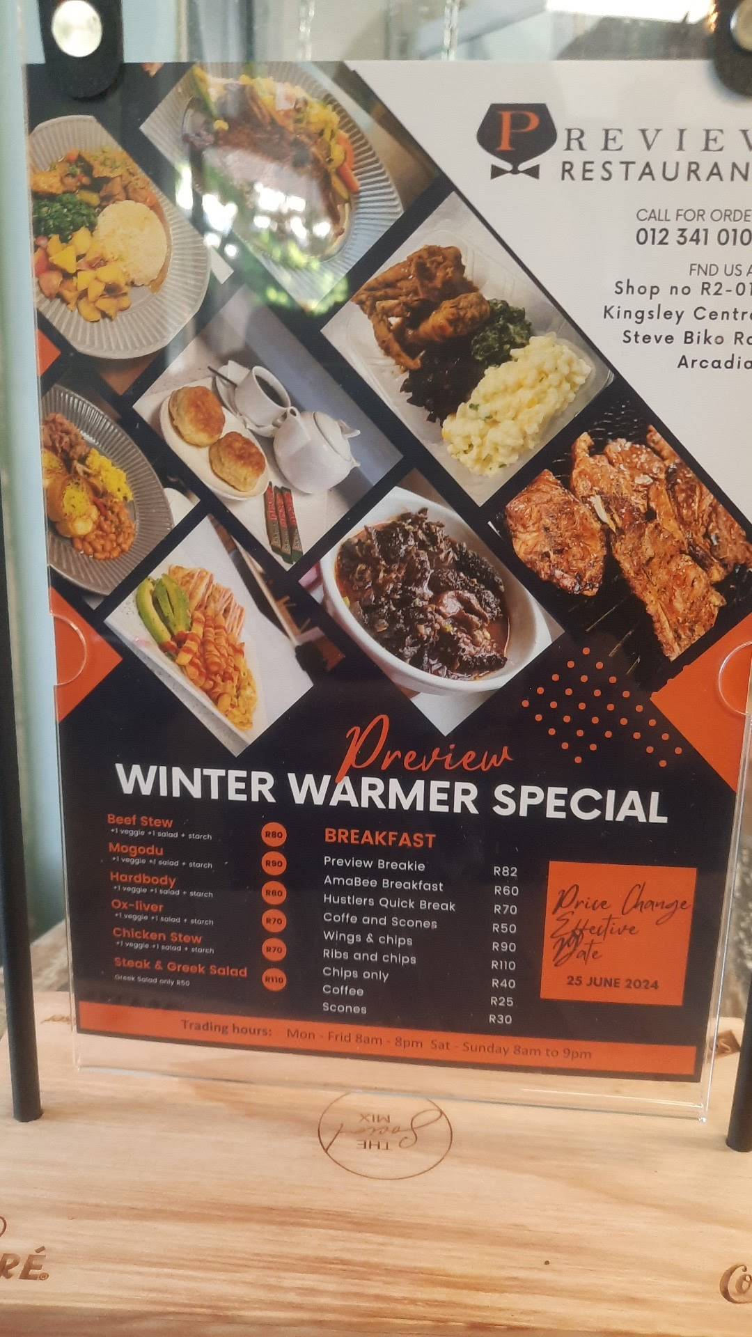 Menu at Preview Restaurant, Pretoria
