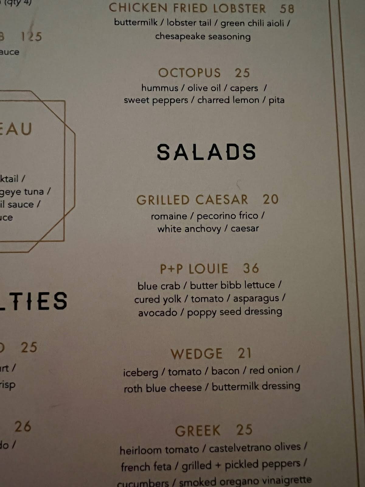 Menu at Prime + Proper steakhouse, Detroit