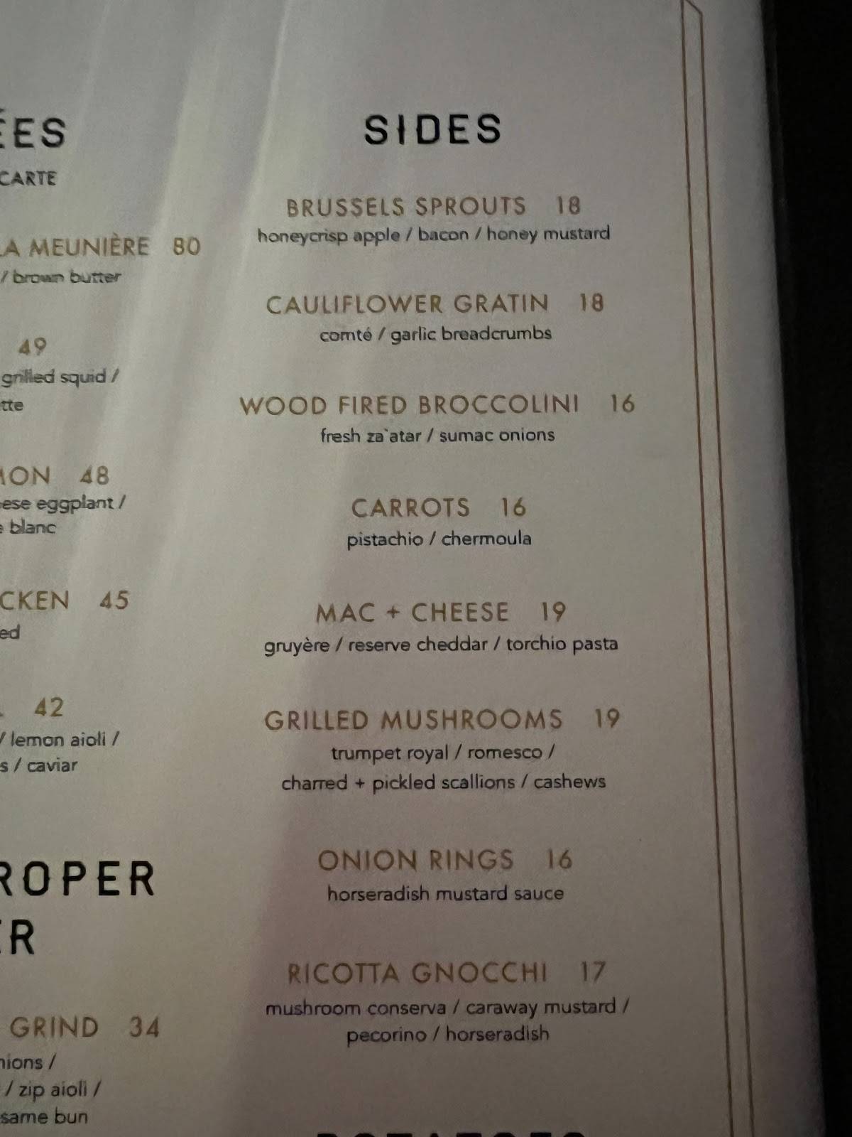 Menu at Prime + Proper steakhouse, Detroit