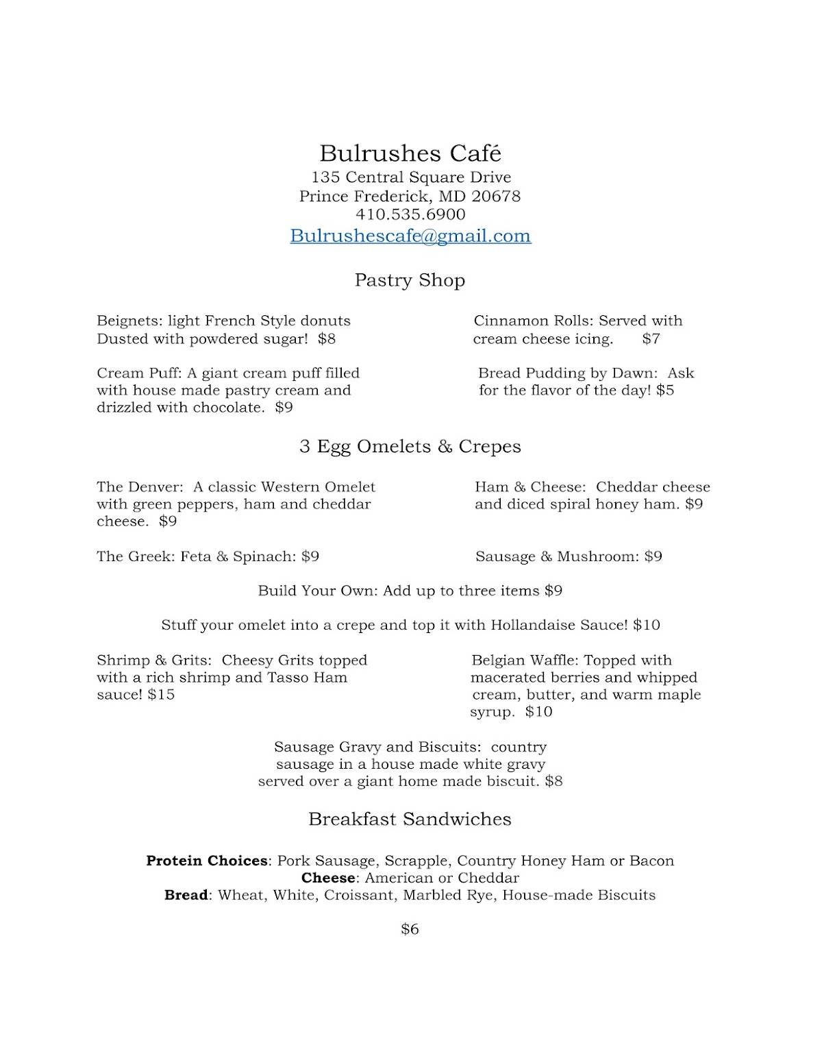 Menu at Bulrushes Cafe, Prince Frederick