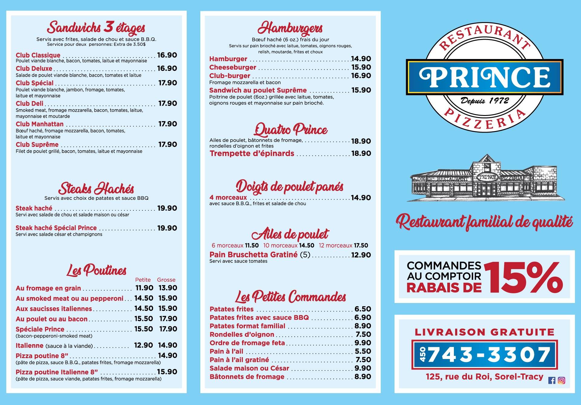 Menu au Prince Pizzeria, Sorel-Tracy