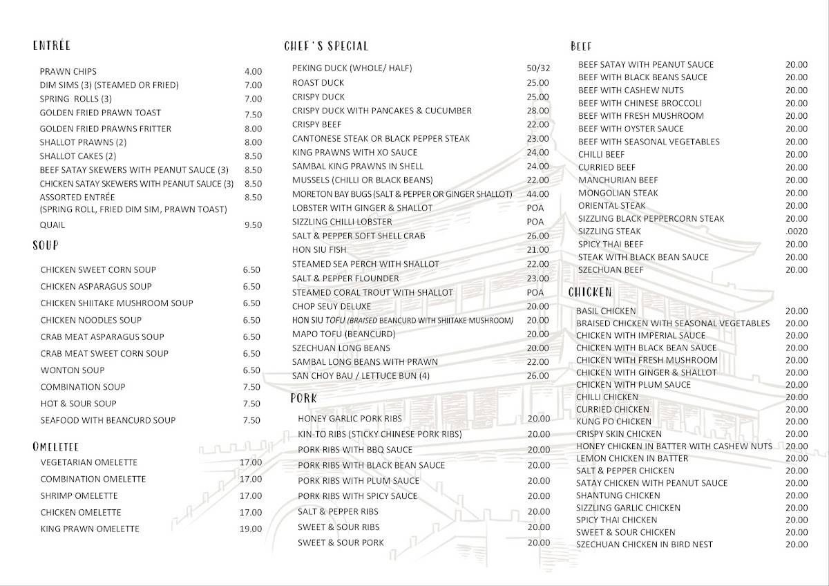 Menu at Prince Room Restaurant, Campbelltown