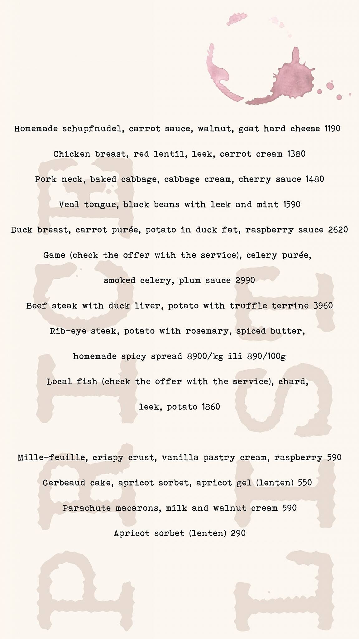 Menu at Project 72 Creative Local Cusine restaurant, Novi Sad