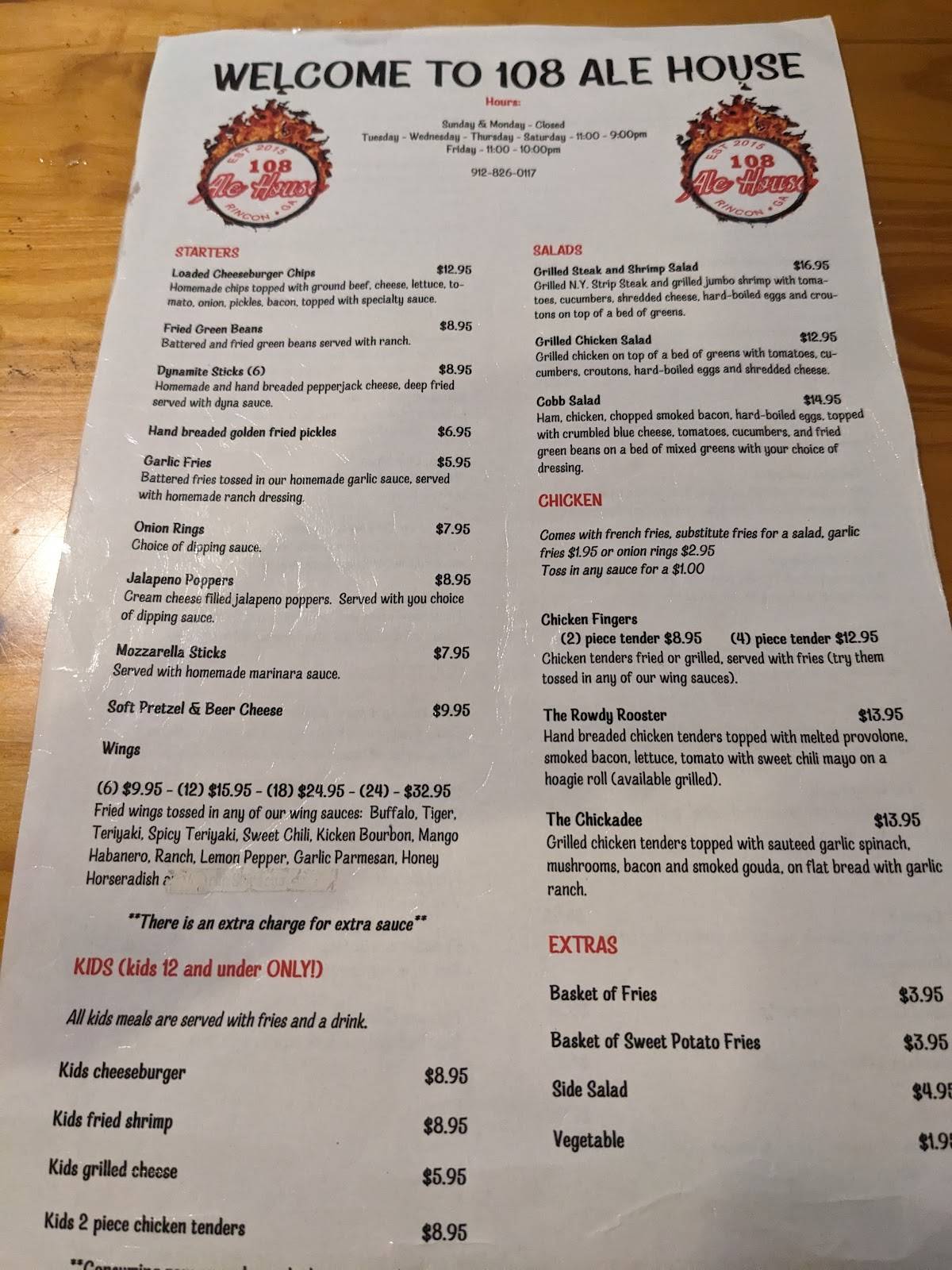 Menu at 108 Ale House pub & bar, Rincon