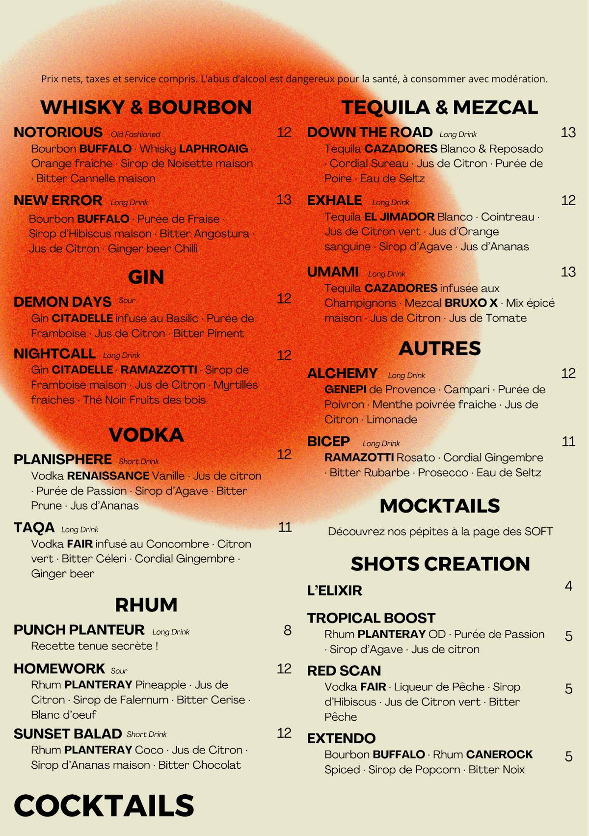 Menu au Amalgam pub et bar, Paris