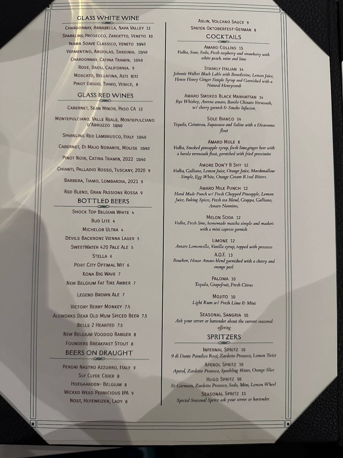 Menu at Amaro Italian Bistro & Cocktails pub & bar, Newport News