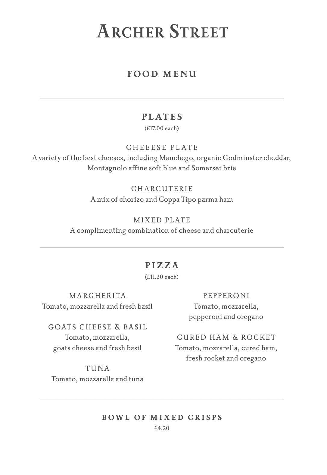 Menu at Archer Street Soho pub & bar, London