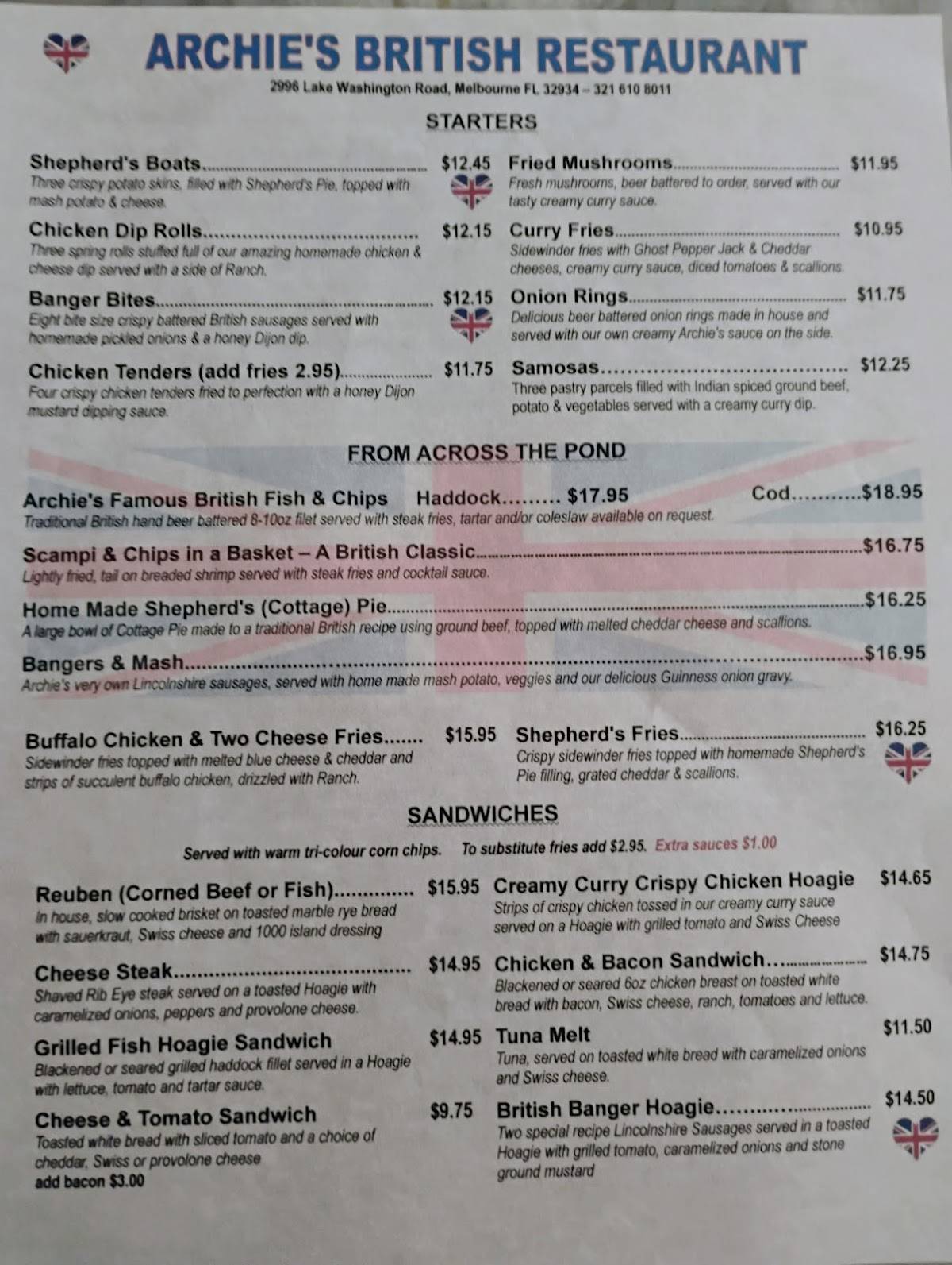 Menu at Archie's British Restaurant, Melbourne