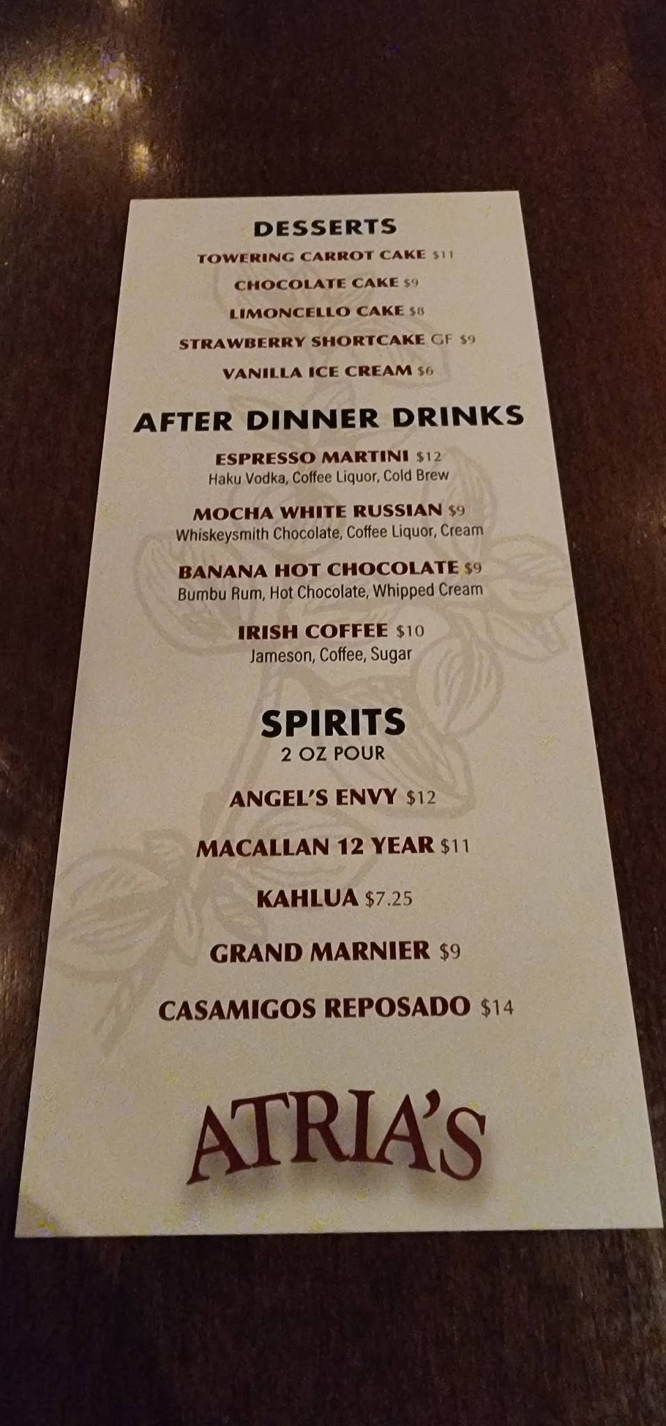 Menu at Atria's Restaurant - Pleasant Hills, Pittsburgh, 10 Old Clairton Rd