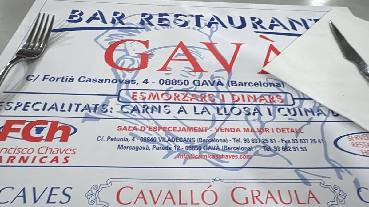 Carta de BAR GAVÀ RESTAURANTE, Gavà, Carrer de Fortià Casanovas