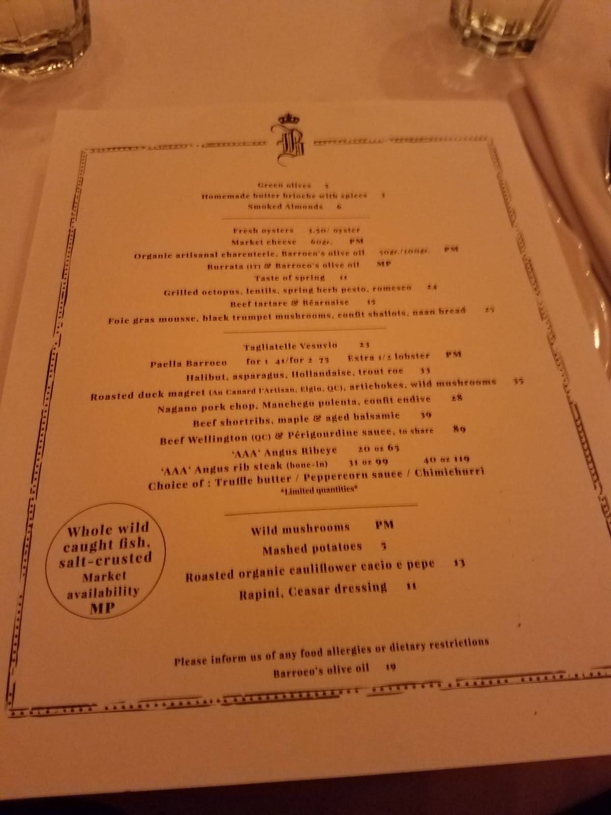 Menu at BARROCO, Montréal