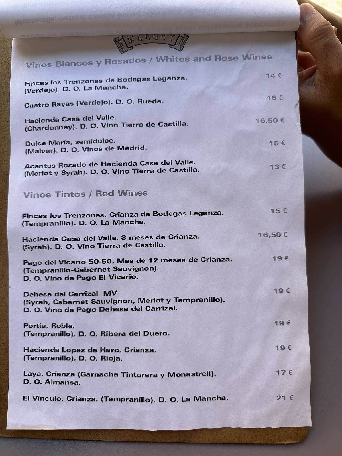 Carta de Bar Margot, Toledo