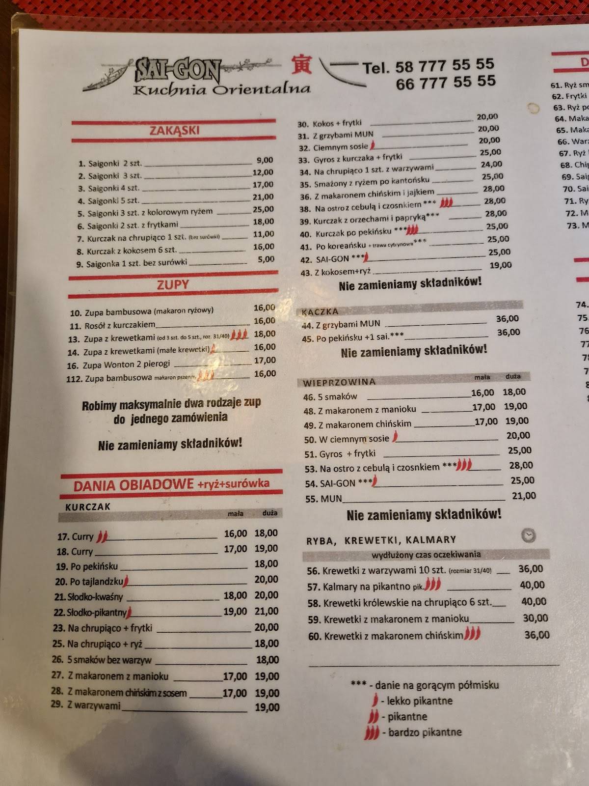Menu at Bar SAI-GON, Tczew