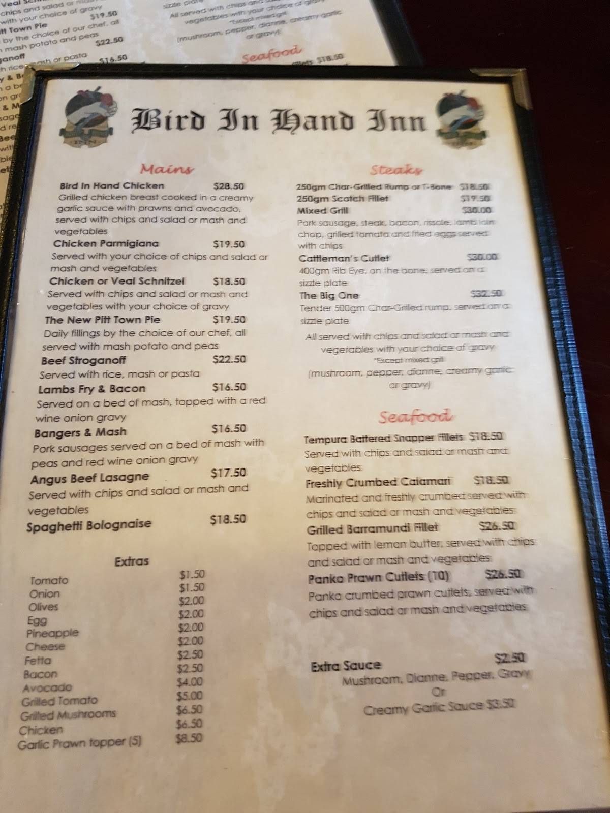 Menu at Bird In The Hand Inn pub & bar, Pitt Town