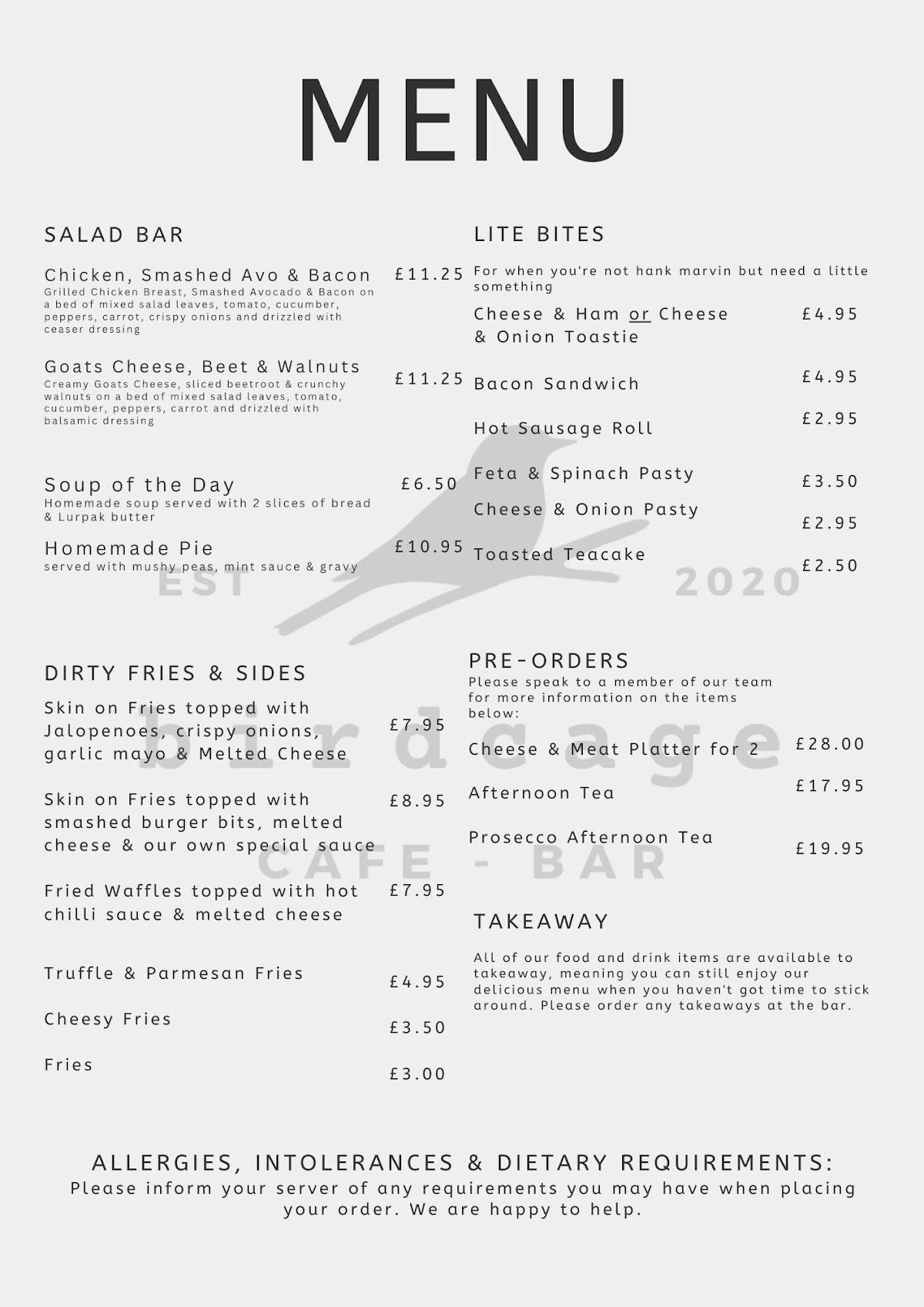 Menu at Birdcage at Derby road pub & bar, Chesterfield