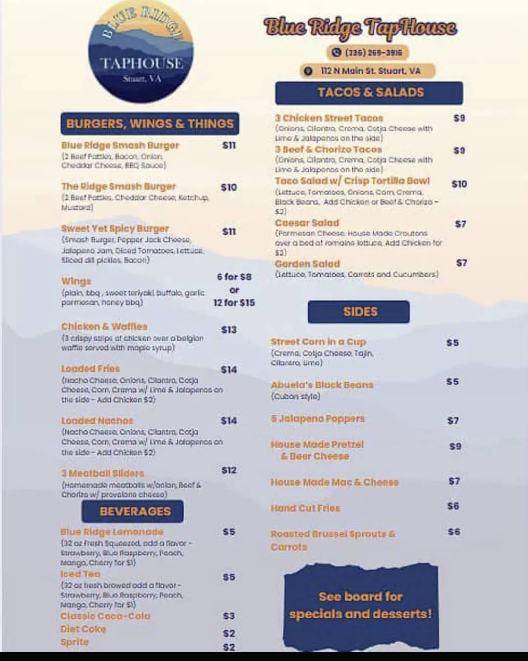Menu at Blue Ridge Taphouse pub & bar, Stuart