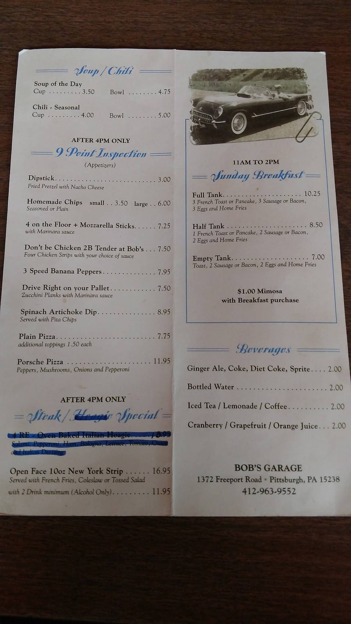 Menu at Bob's Garage pub & bar, Pittsburgh