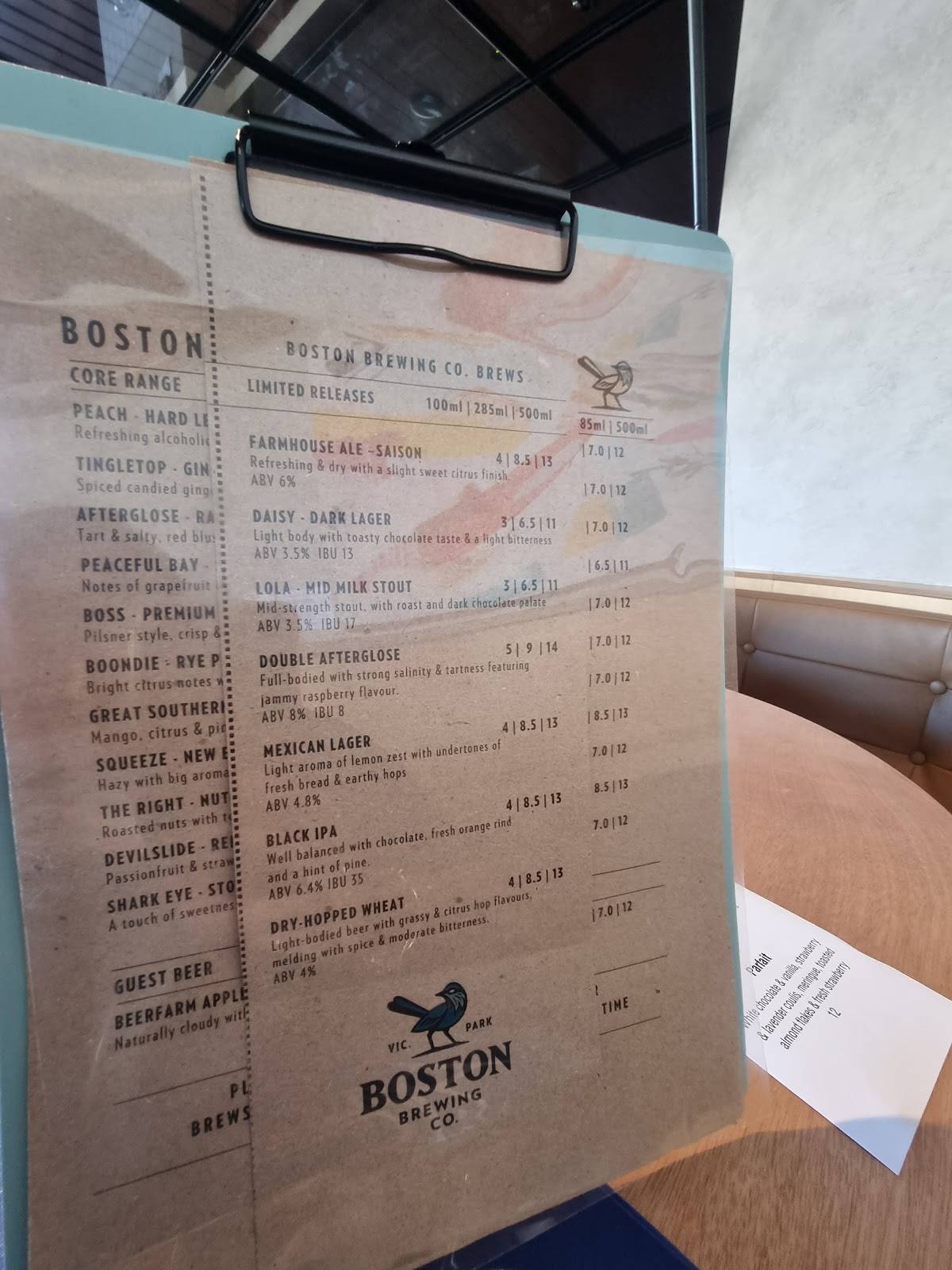 Menu at Boston Brewing Co Vic Park pub & bar, Victoria Park