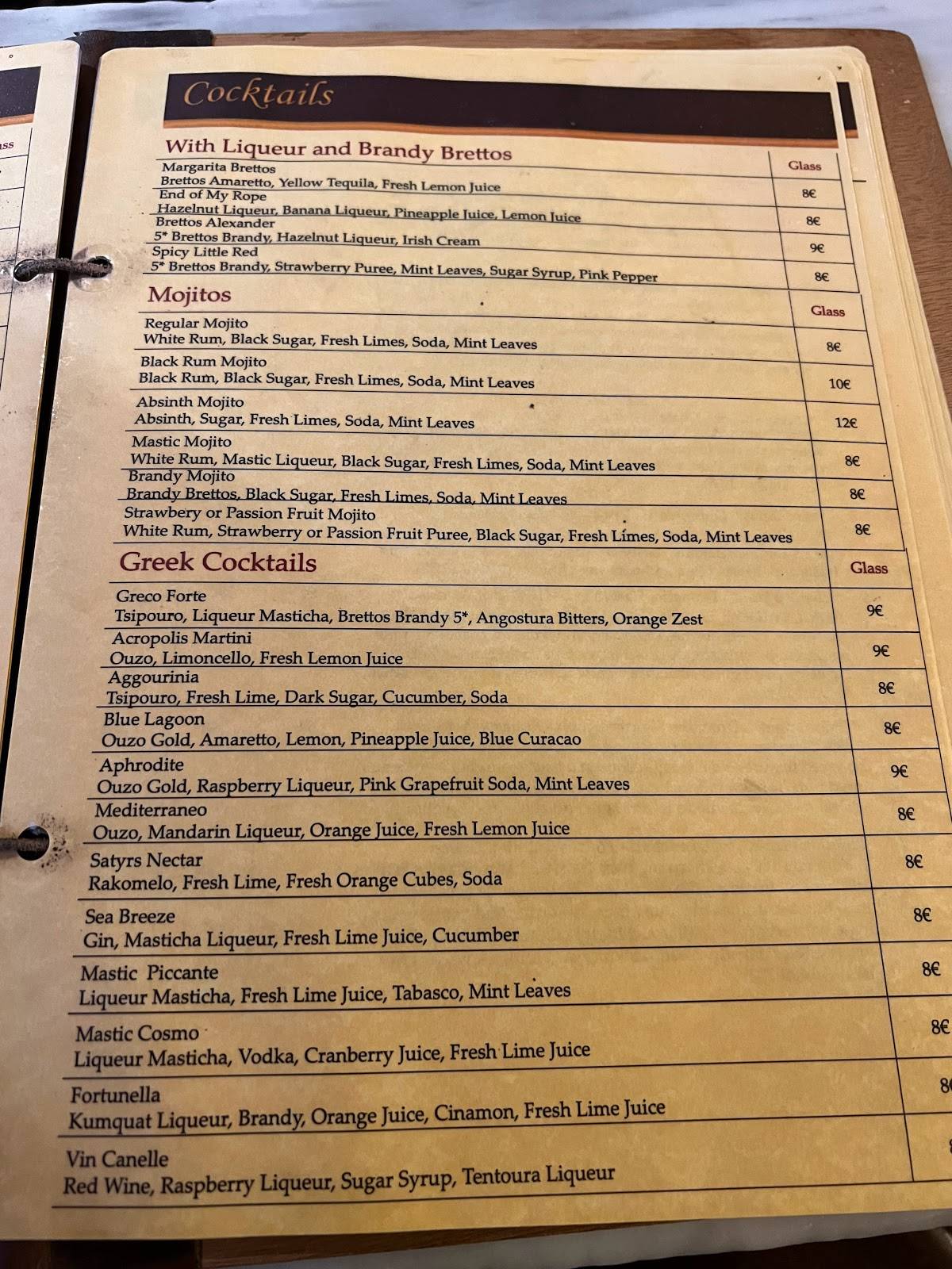 Menu at Brettos bar, Athens