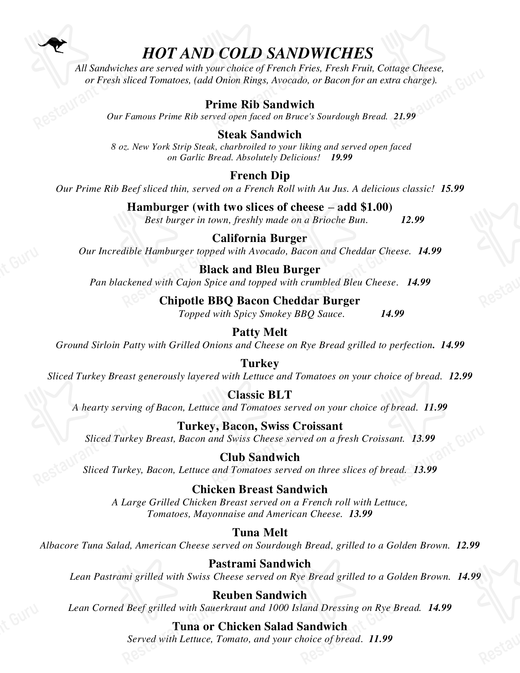 Menu at Bruce's Prime Rib And Spirits pub & bar, Santa Fe Springs