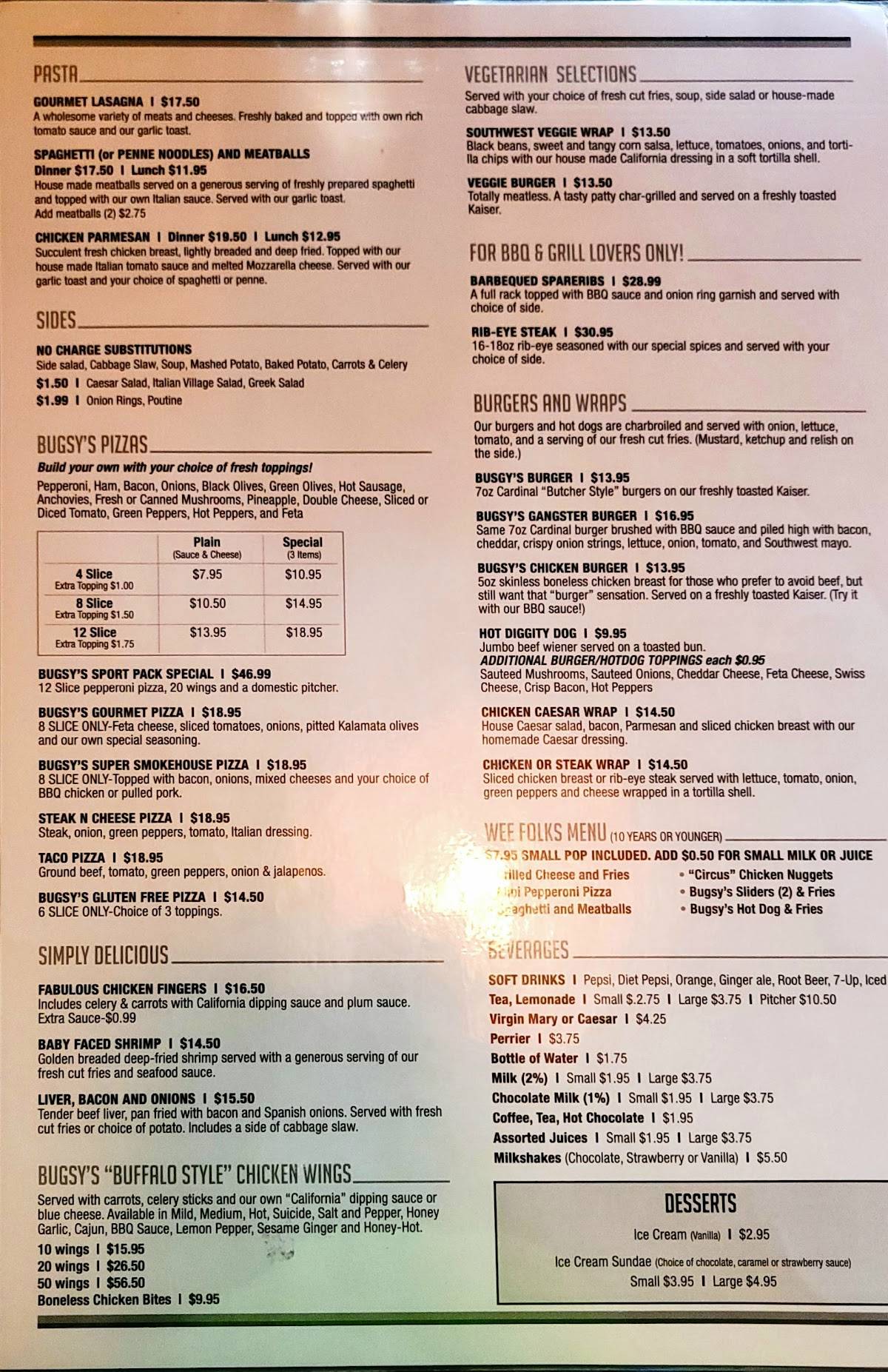 Menu at Bugsy's pub & bar, St. Catharines