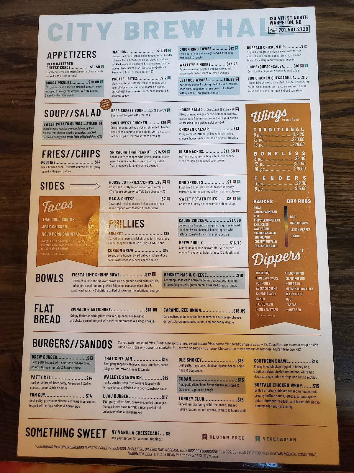 Menu at City Brew Hall pub & bar, Wahpeton