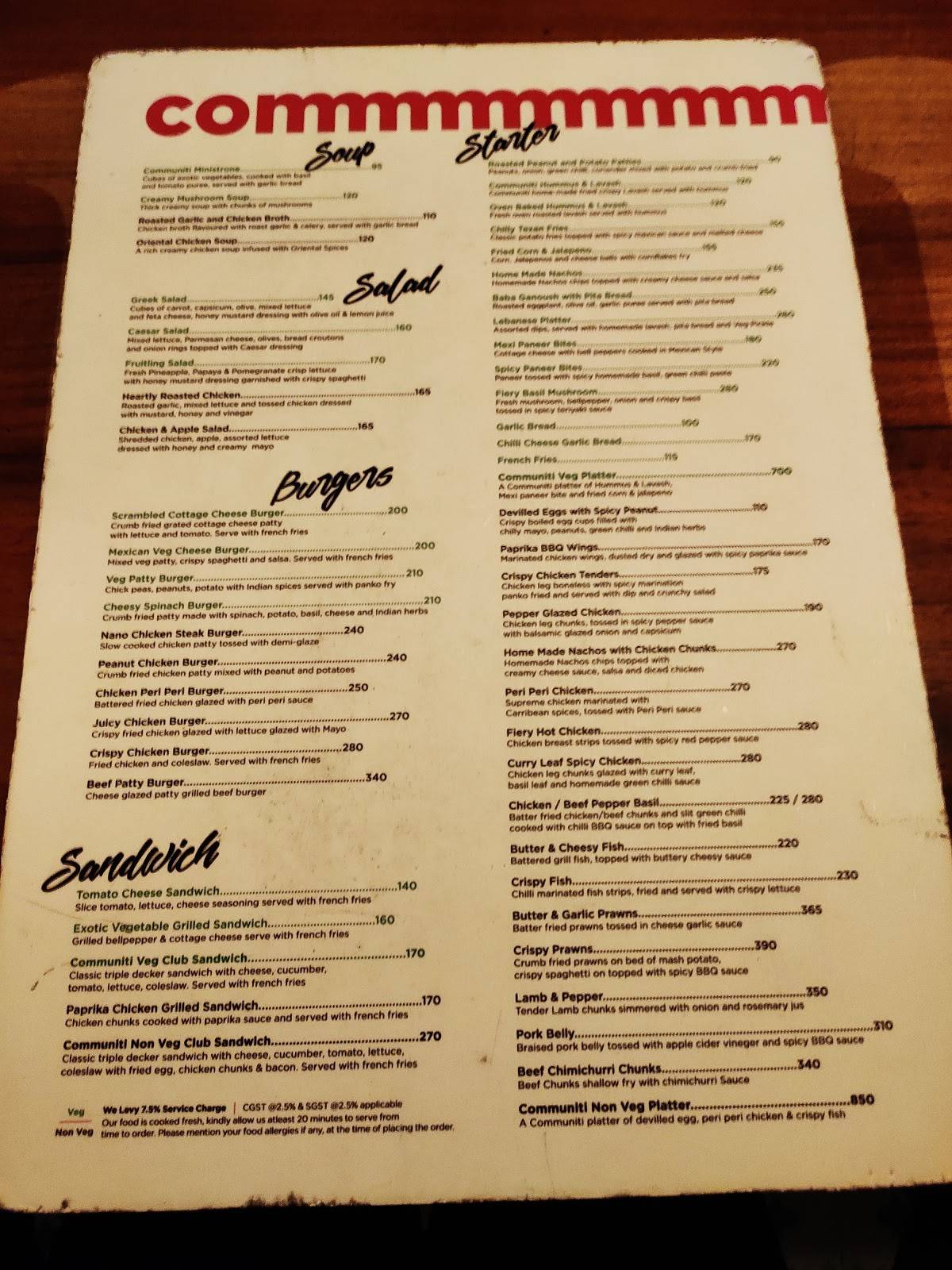 Menu at Communiti, Bengaluru, Brigade Solitare