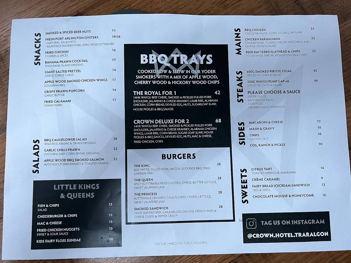 Menu at Crown Hotel restaurant, Traralgon