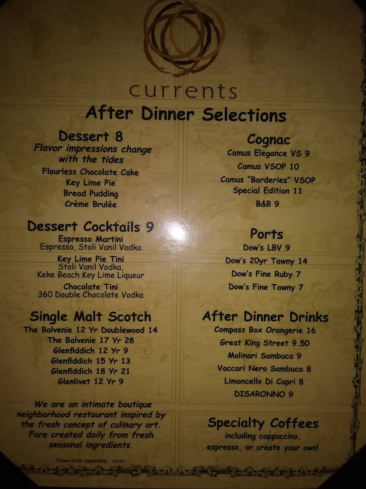 Menu at Currents Exquisite Cuisine & Historic Event Hall pub & bar ...