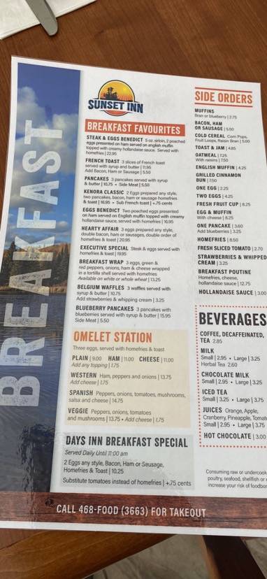 Menu at Days Inn Kenora pub & bar, Kenora