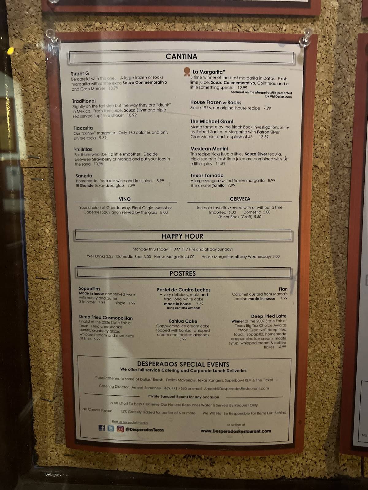 Menu at Desperados Mexican Restaurant, Dallas