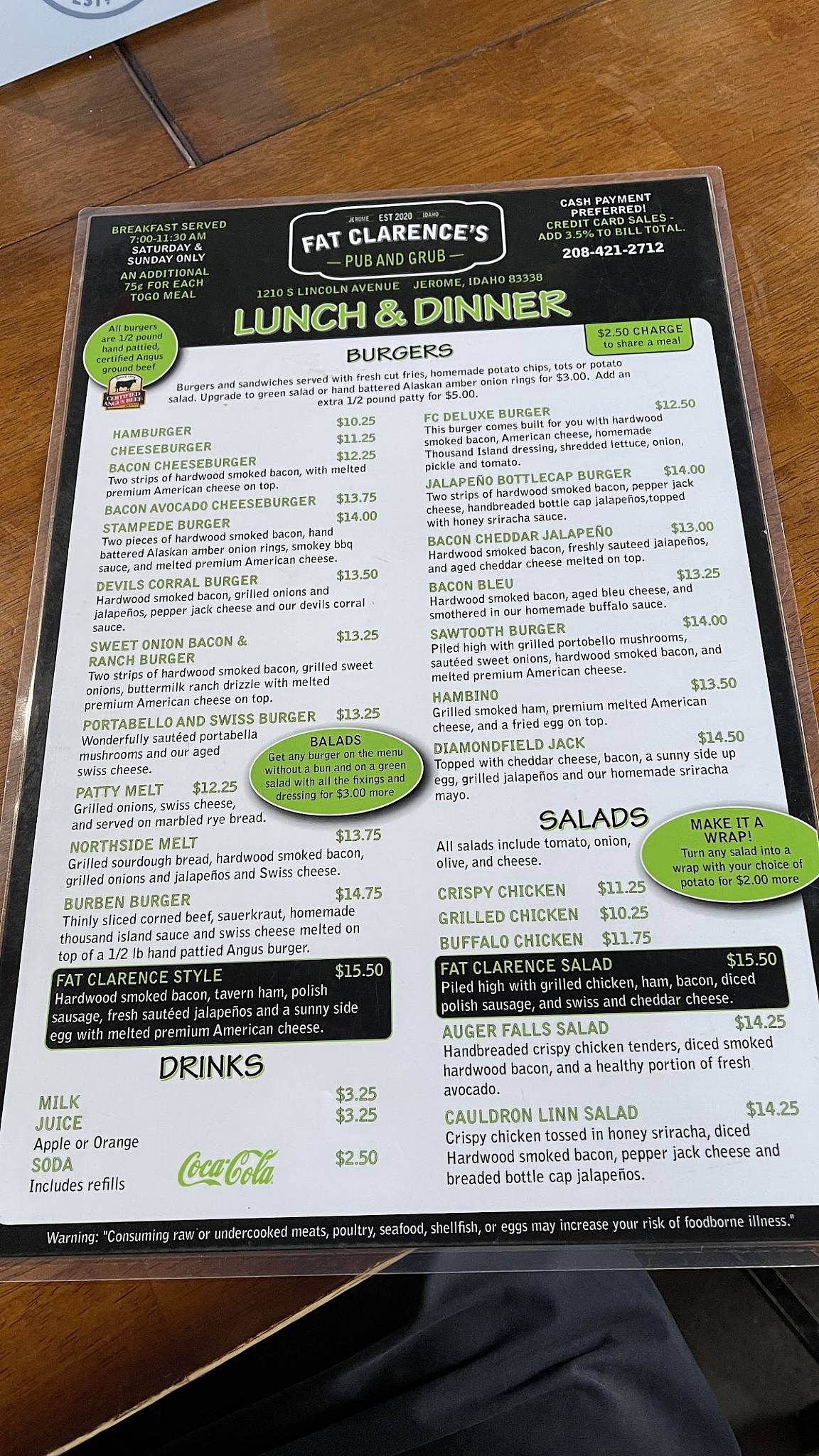 Menu at Fat Clarence's Pub and Grub, Jerome