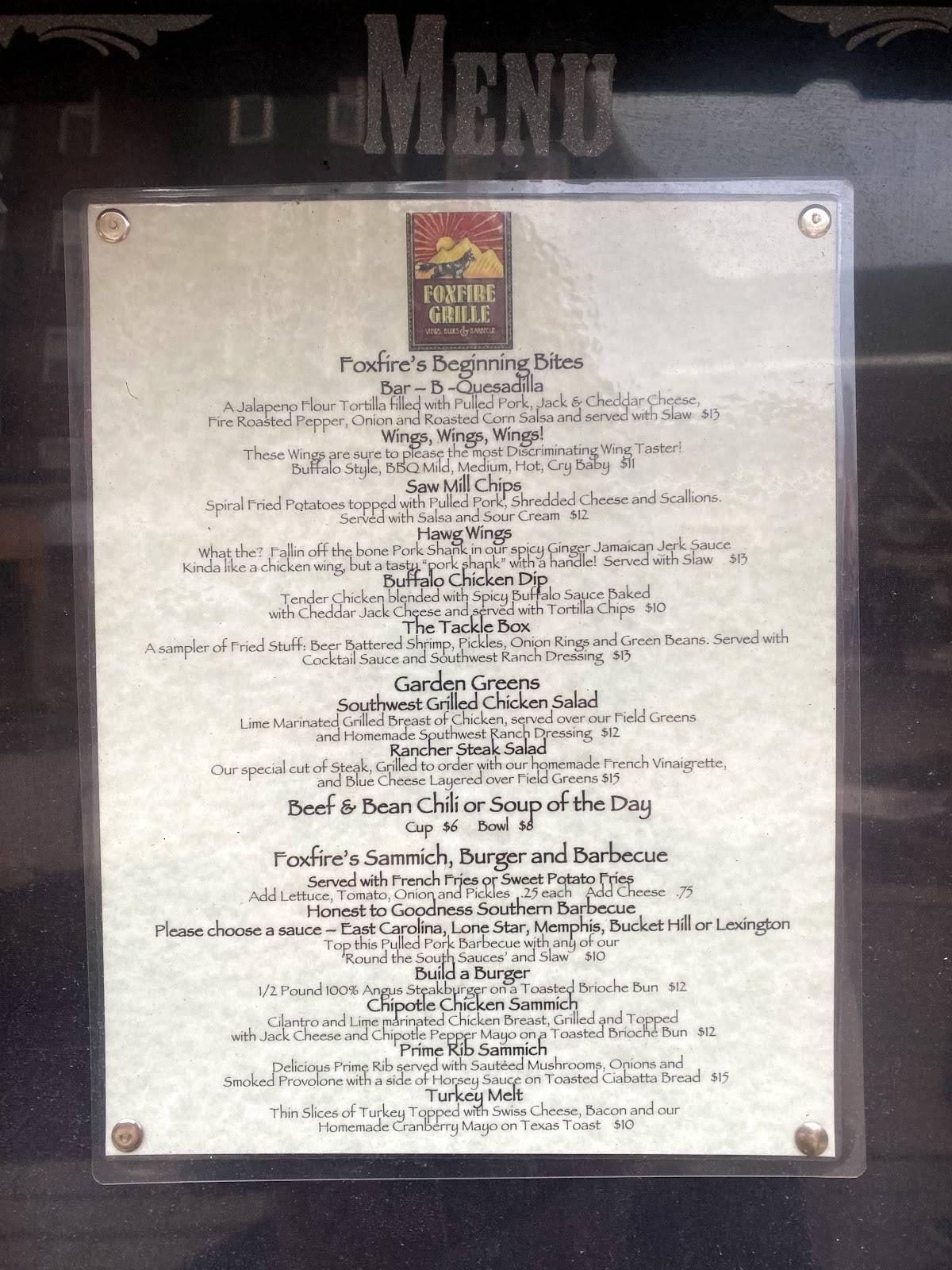 Menu at Foxfire Grille pub & bar, Snowshoe