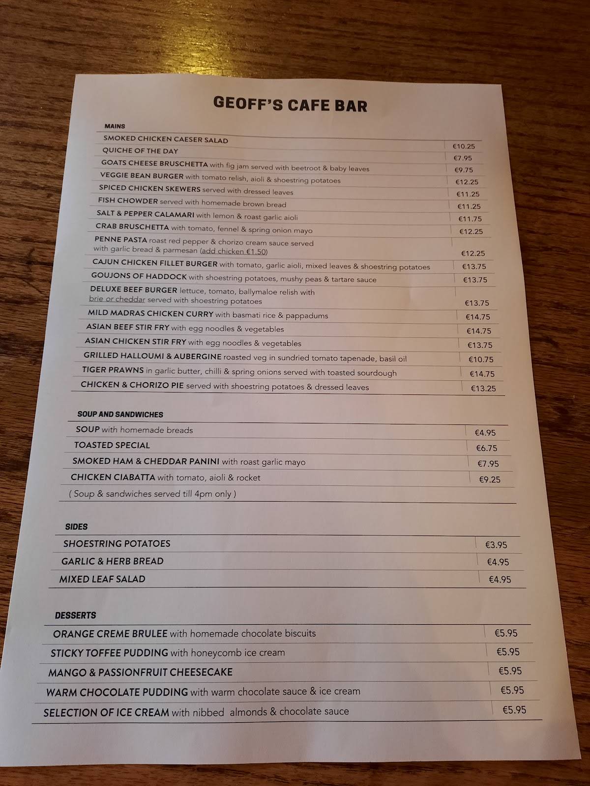 Menu at Geoff's Cafe Bar, Waterford