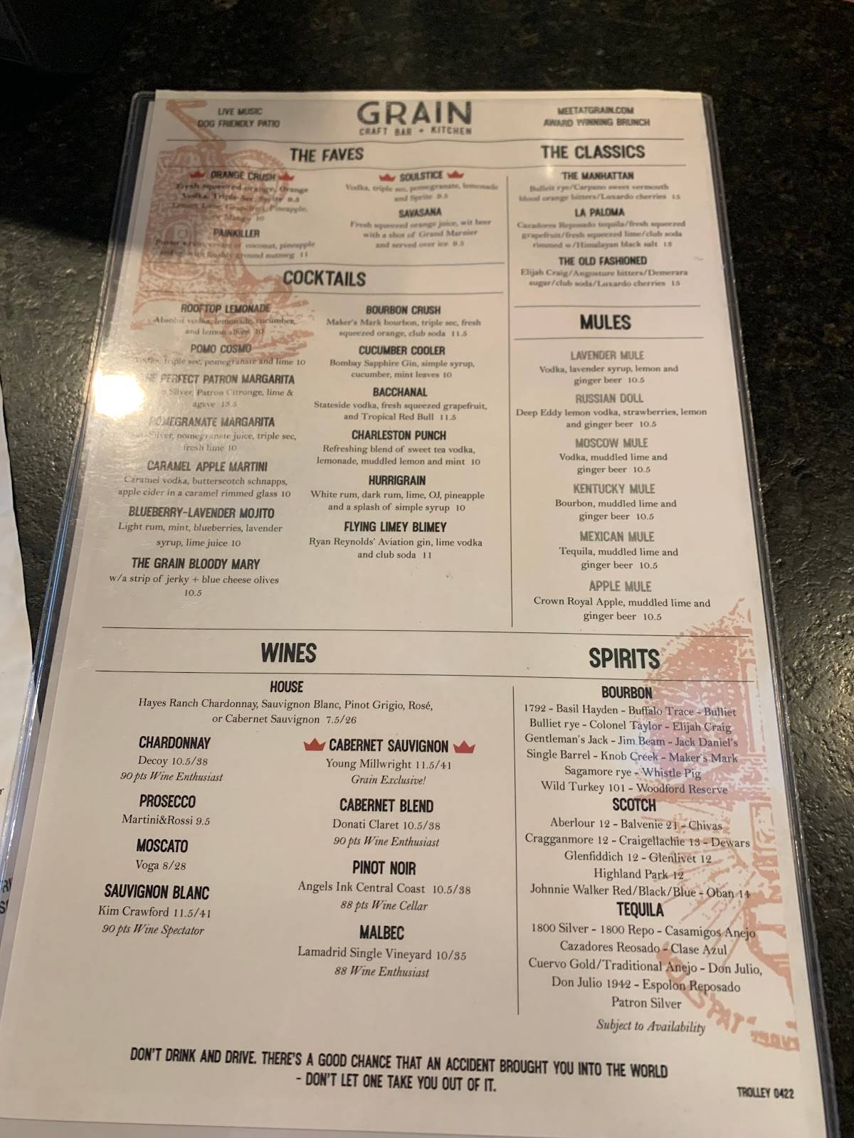 Carta de Grain Craft Bar + Kitchen, Wilmington