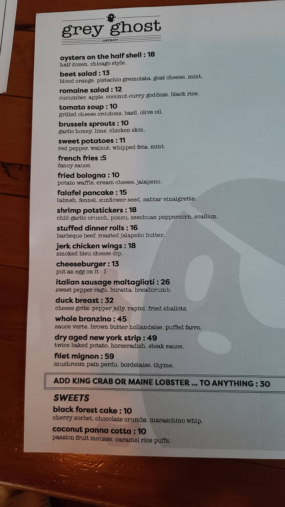 Menu at Grey Ghost Detroit pub & bar, Detroit