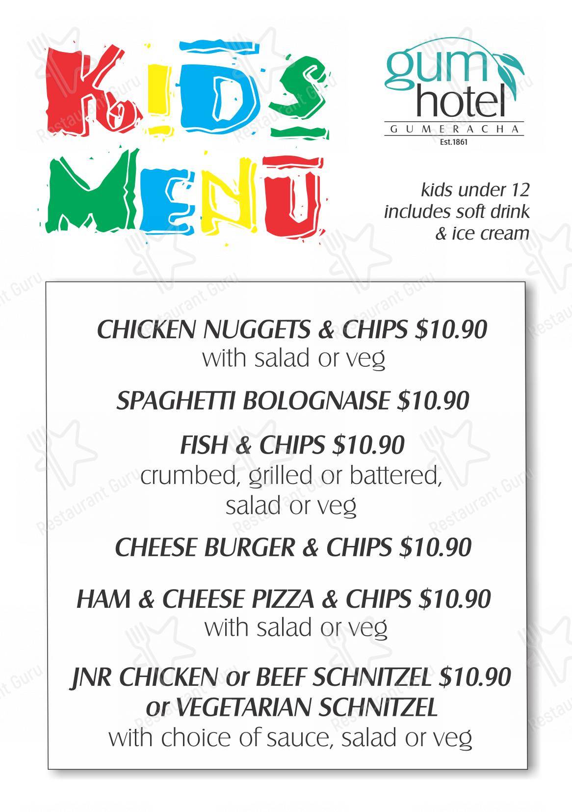 Menu at Gumeracha Hotel pub & bar, Gumeracha