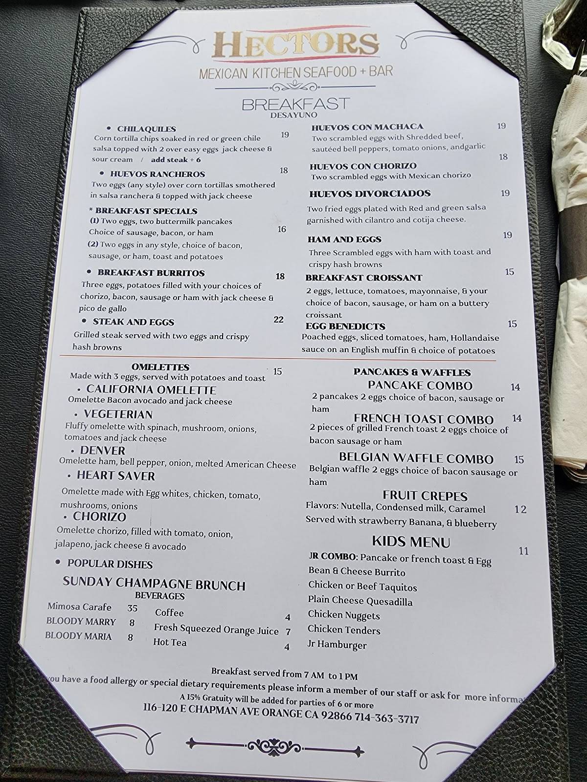 Menu at Hectors On The Circle / Plaza pub & bar, Orange