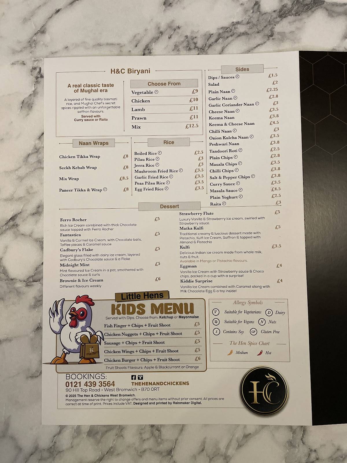 Menu at Hen & Chickens Bar & Grill (West Bromwich), West Bromwich