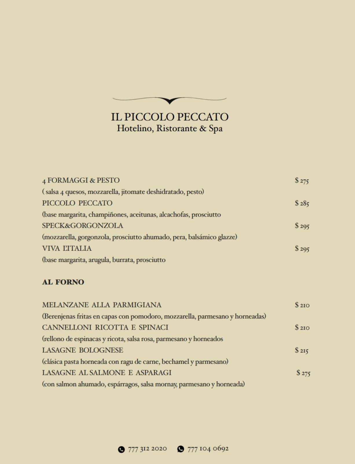 Carta del restaurante IL PICCOLO PECCATO, Cuernavaca