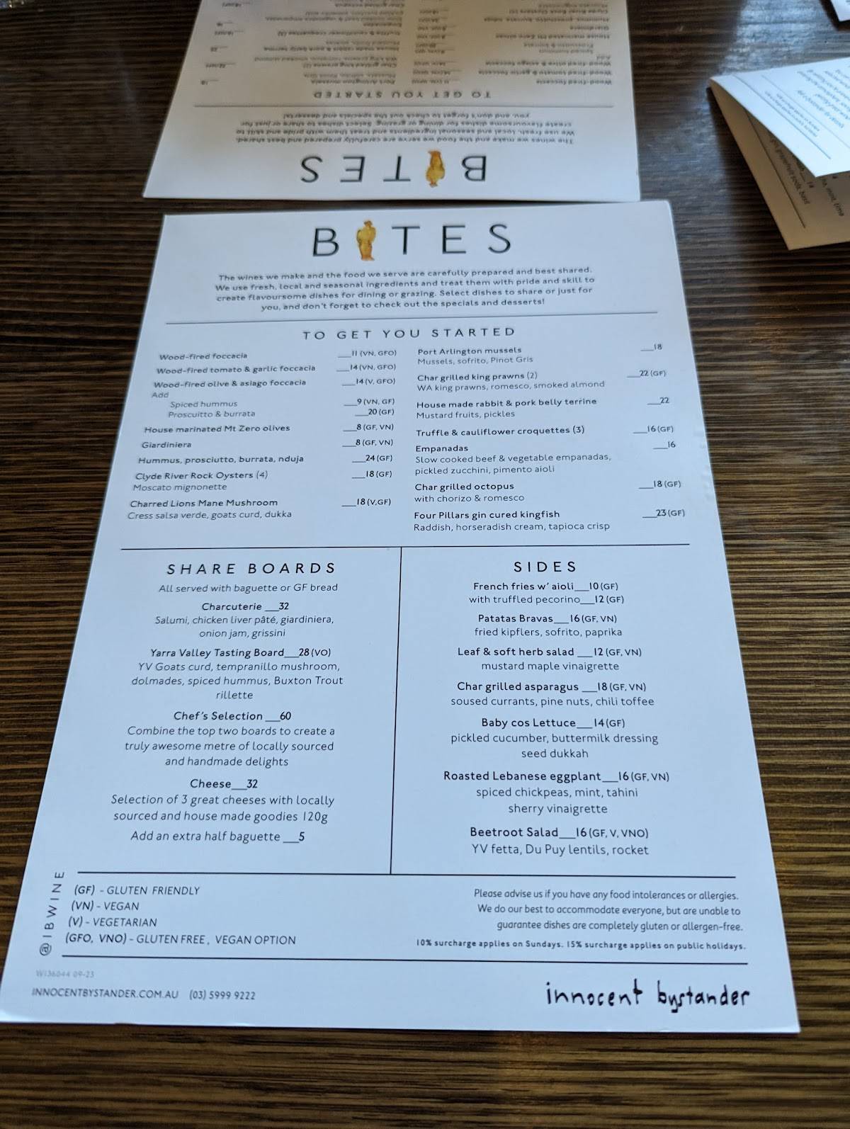 Menu at Innocent Bystander pub & bar, Healesville, 316-334 Maroondah Hwy