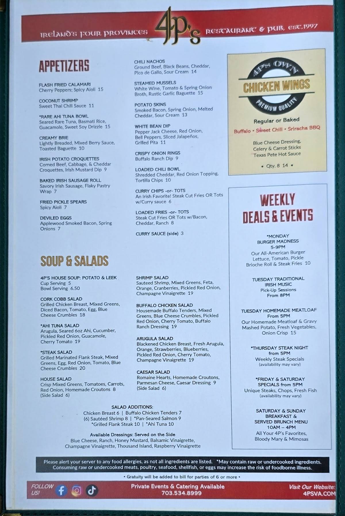 Menu at Ireland's Four Provinces pub & bar, Falls Church