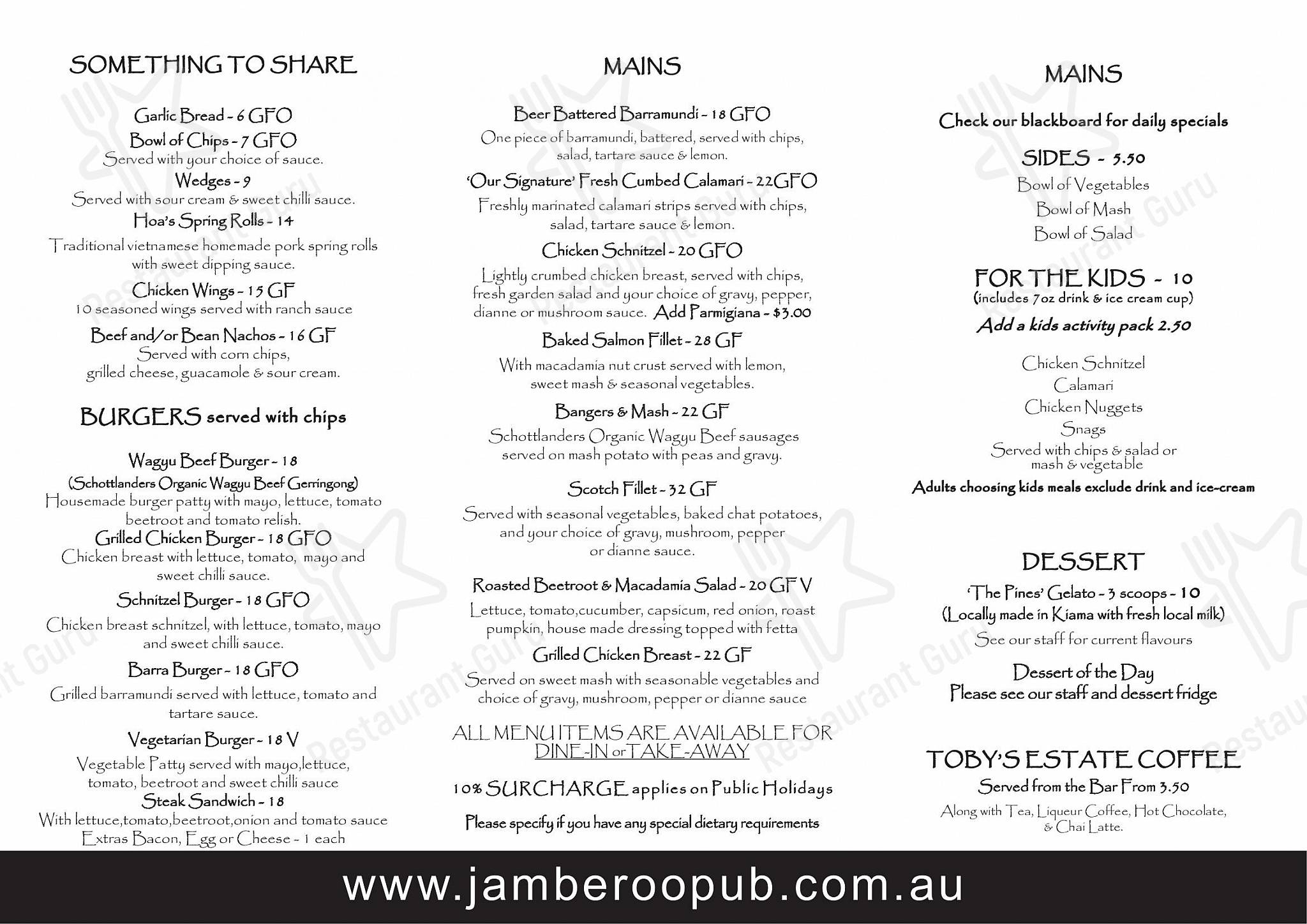 Menu at Club Jamberoo, Jamberoo