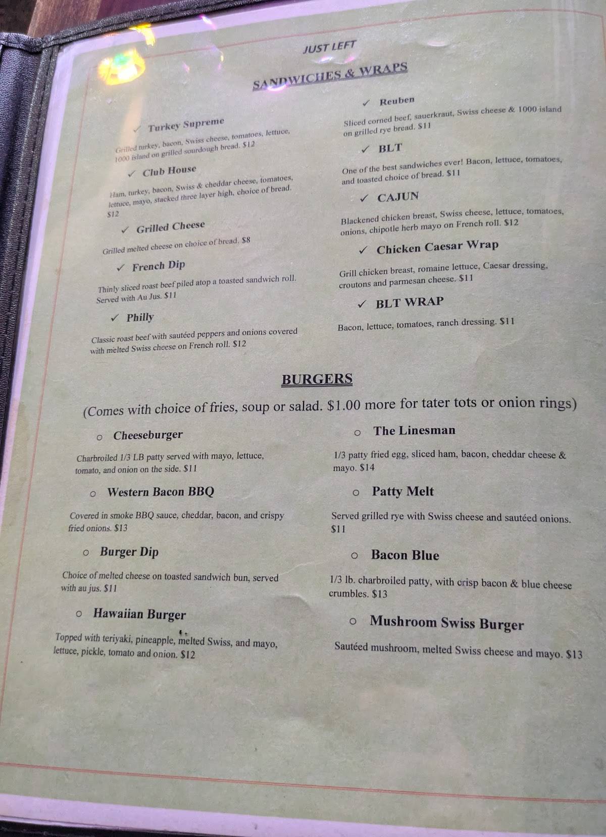 Menu at Just Left Pub & Grill, Lynnwood