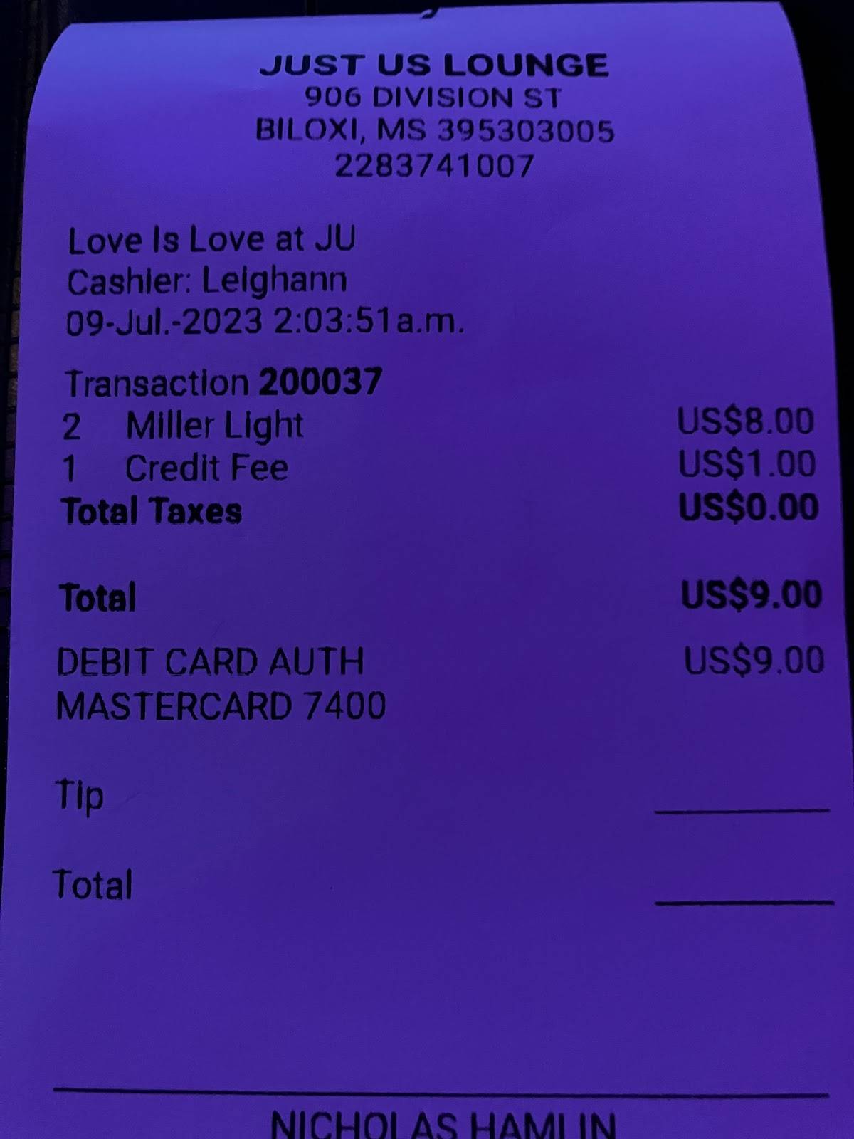 Menu at Just Us Lounge pub & bar, Biloxi, 906 Division St