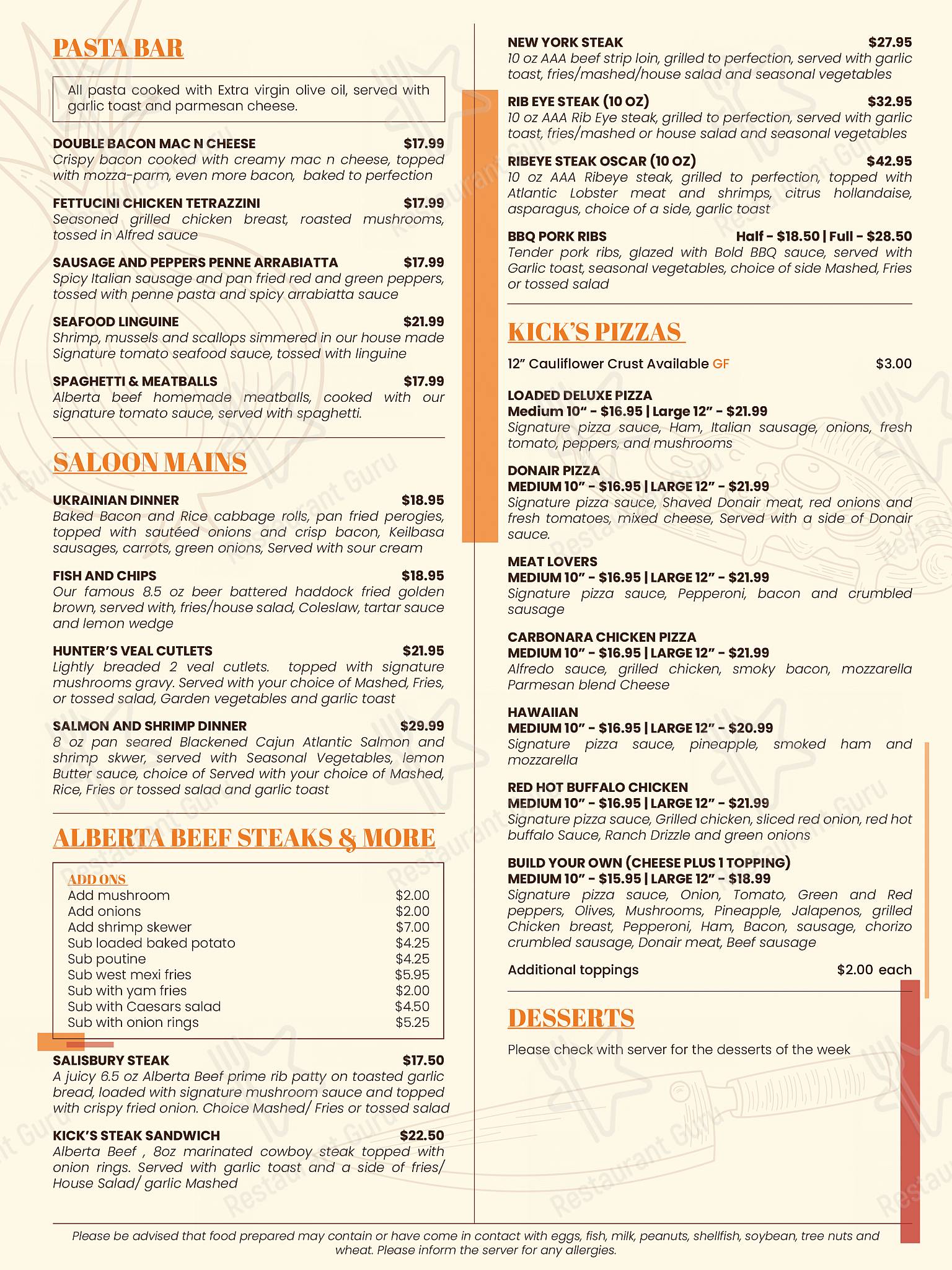 Menu at Kicks Saloon Bar & Restaurant, Redwater