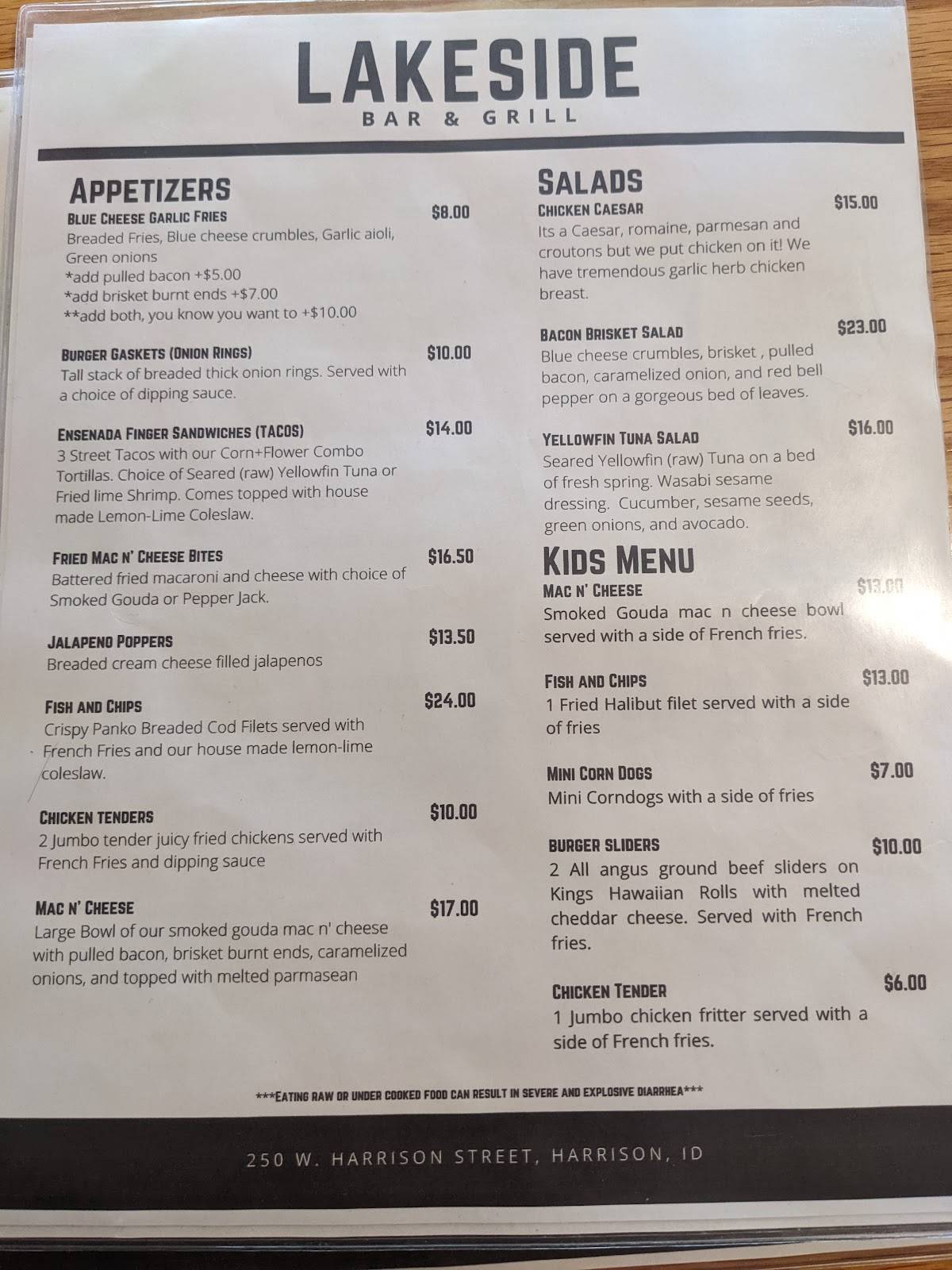 Menu at Lakeside Brew pub bar and grill @ Gateway Marina, Harrison