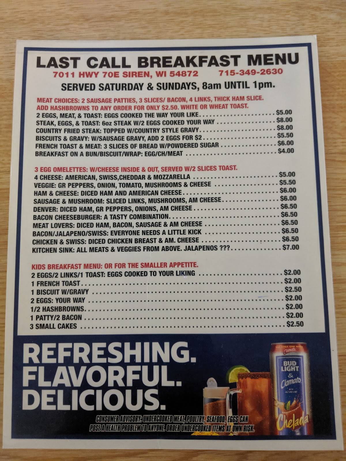 Menu at Last Call Bar N Grill, Siren