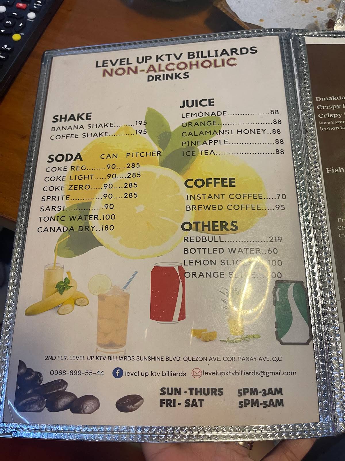 Menu at Level Up KTV Billiards pub & bar, Quezon City